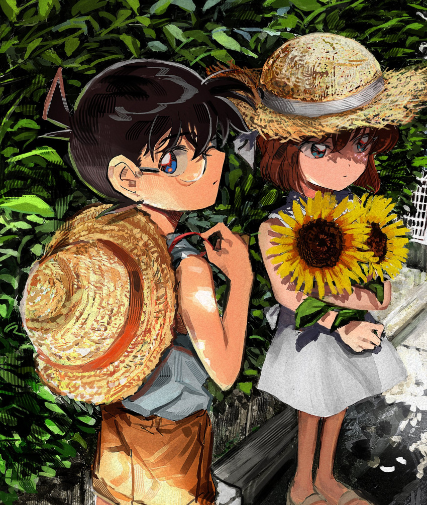 Safebooru - 1boy 1girl black hair blue eyes brown hair brown shorts child closed mouth day dress ...