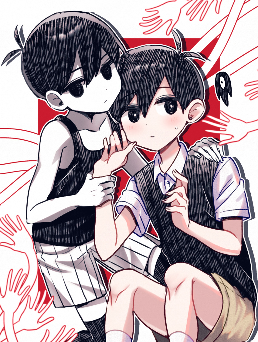 Safebooru - 2boys black eyes black hair black sweater vest closed mouth collared shirt colored ...