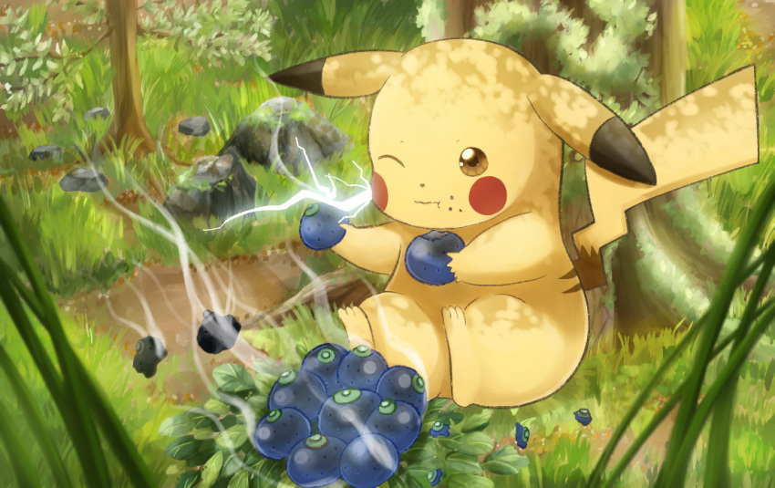 Safebooru - berry (pokemon) brown eyes day eating food grass holding ...