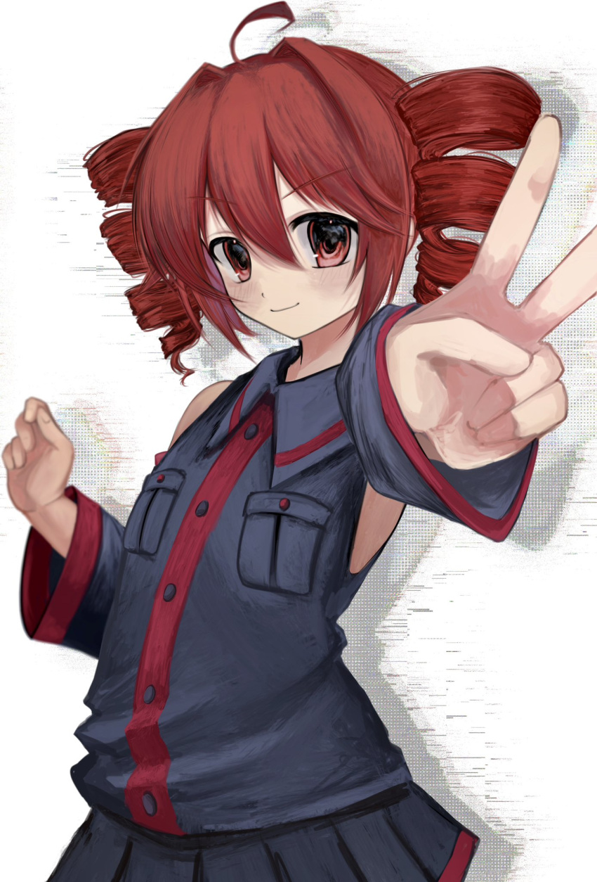 Safebooru - 1girl ahoge arm up black shirt black skirt black sleeves blush buttons closed mouth ...