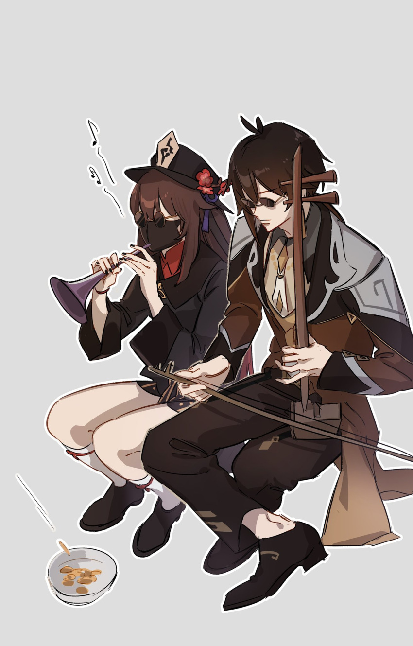 Safebooru - 1boy 1girl black nails black shorts bowl brown hair chinese clothes coin erhu flower ...
