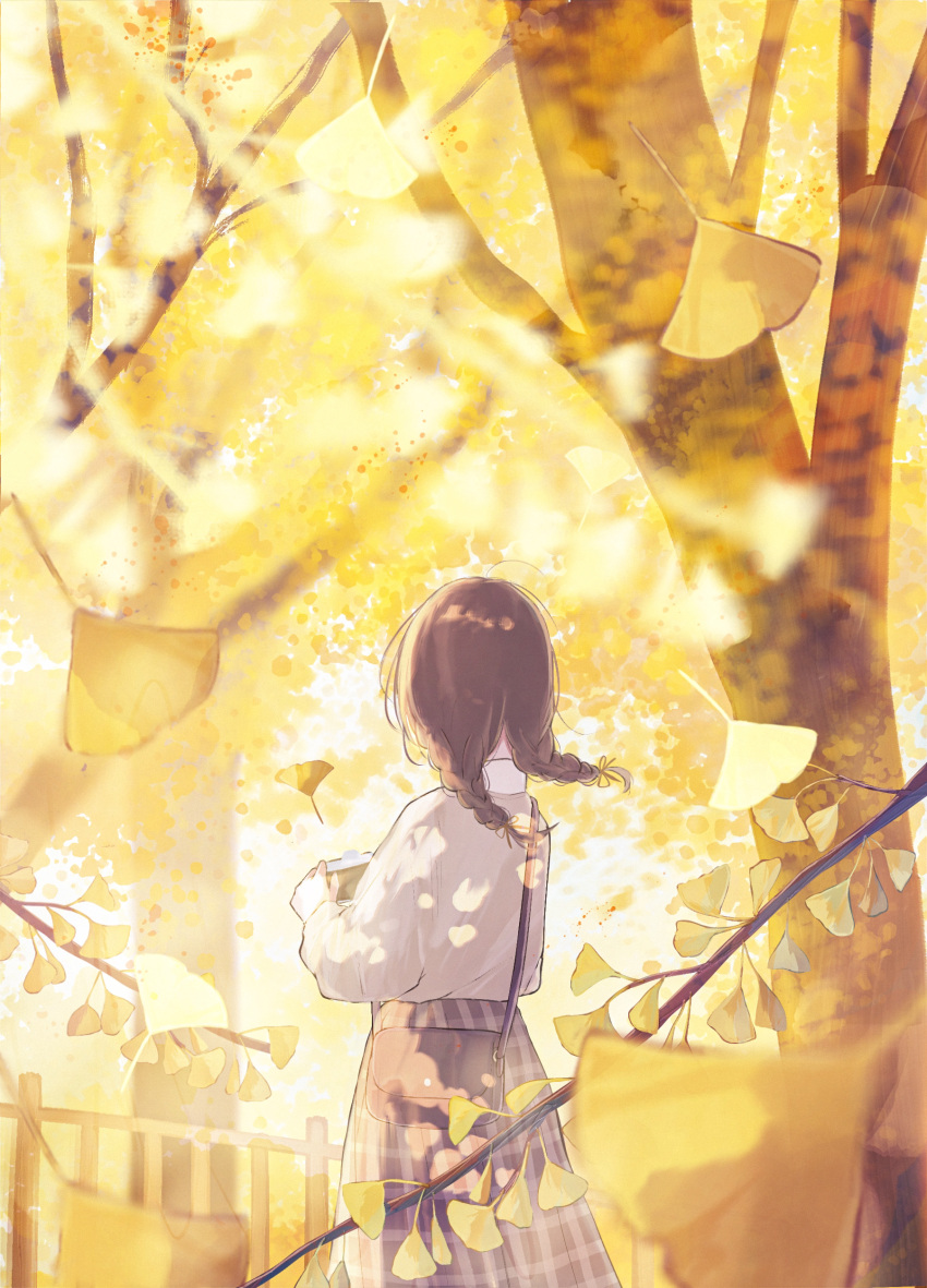 Safebooru - 1girl absurdres amenomori howa autumn autumn leaves bag blurry braid brown hair ...