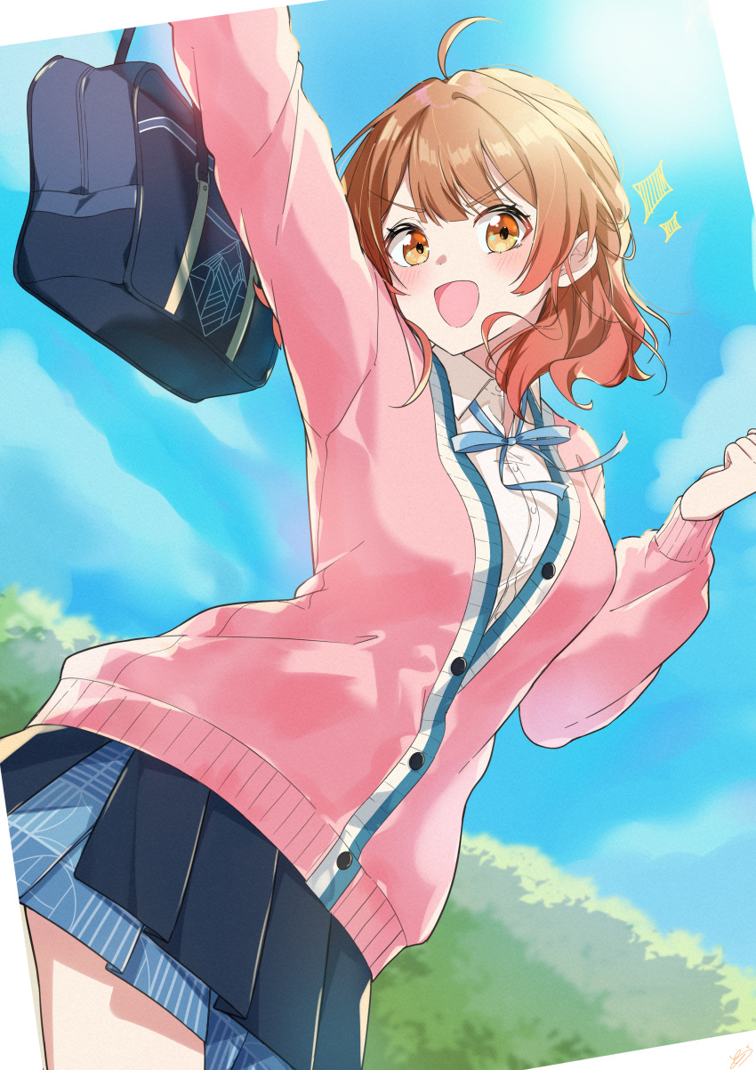 Safebooru - 1girl absurdres ahoge arm up bag blue overskirt blue ribbon blue skirt blush breasts ...