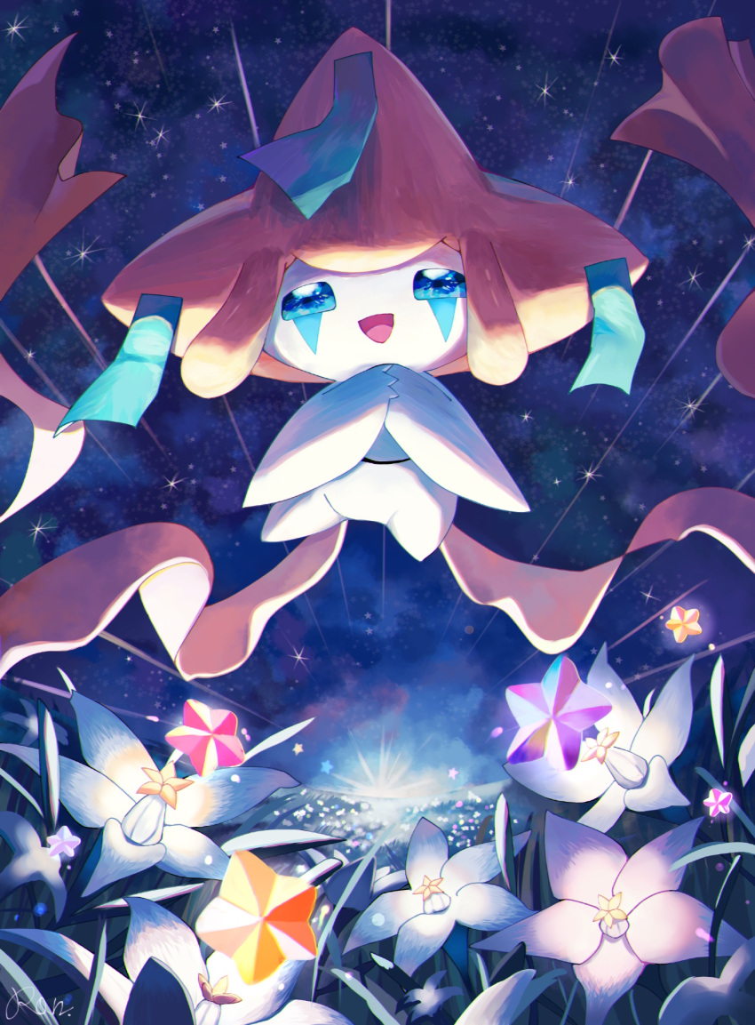 Safebooru - colored skin floating flower highres jirachi looking at ...