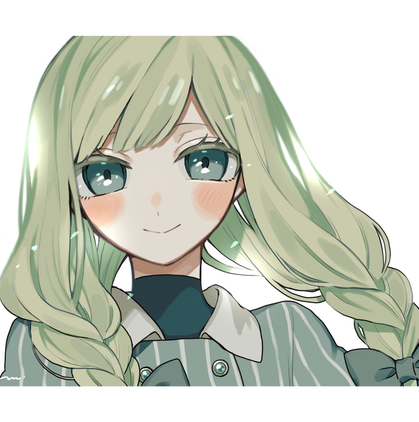 Safebooru - 1girl blue eyes blush bow braid collared shirt green hair hair bow highres ...