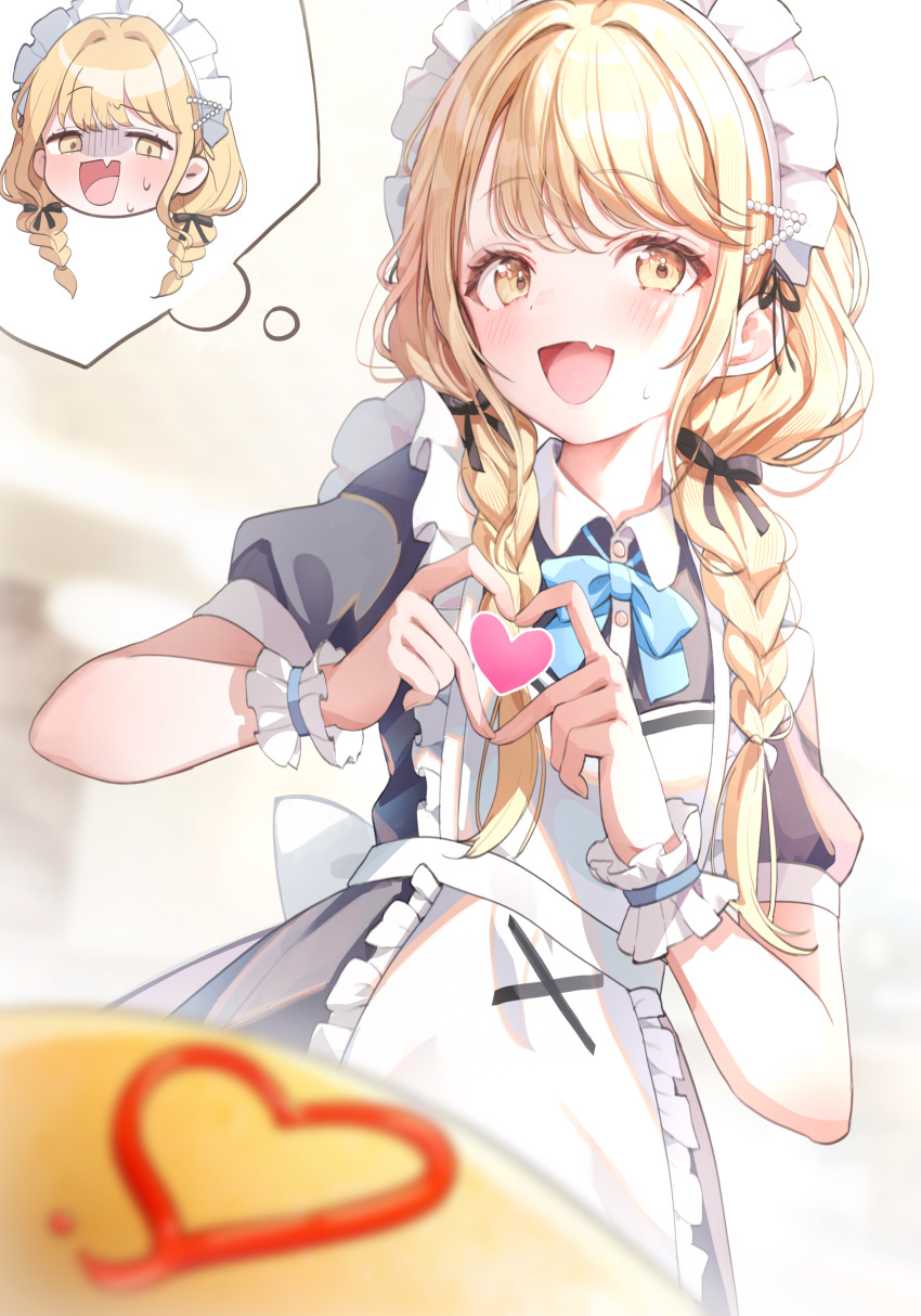 Safebooru - 1girl 4-fingers heart hands absurdres alternate costume apron aqua bow aqua bowtie ...