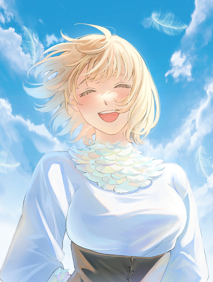 Safebooru - 1girl :d blonde hair blue sky blush brown corset closed eyes clouds cloudy sky ...
