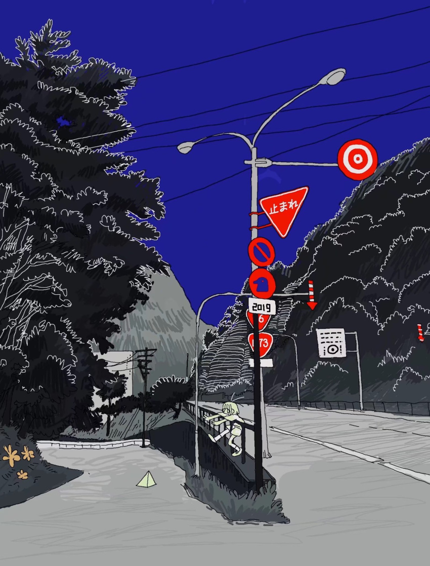 Safebooru - 1girl against railing cliff grass highres highway jaggy ...