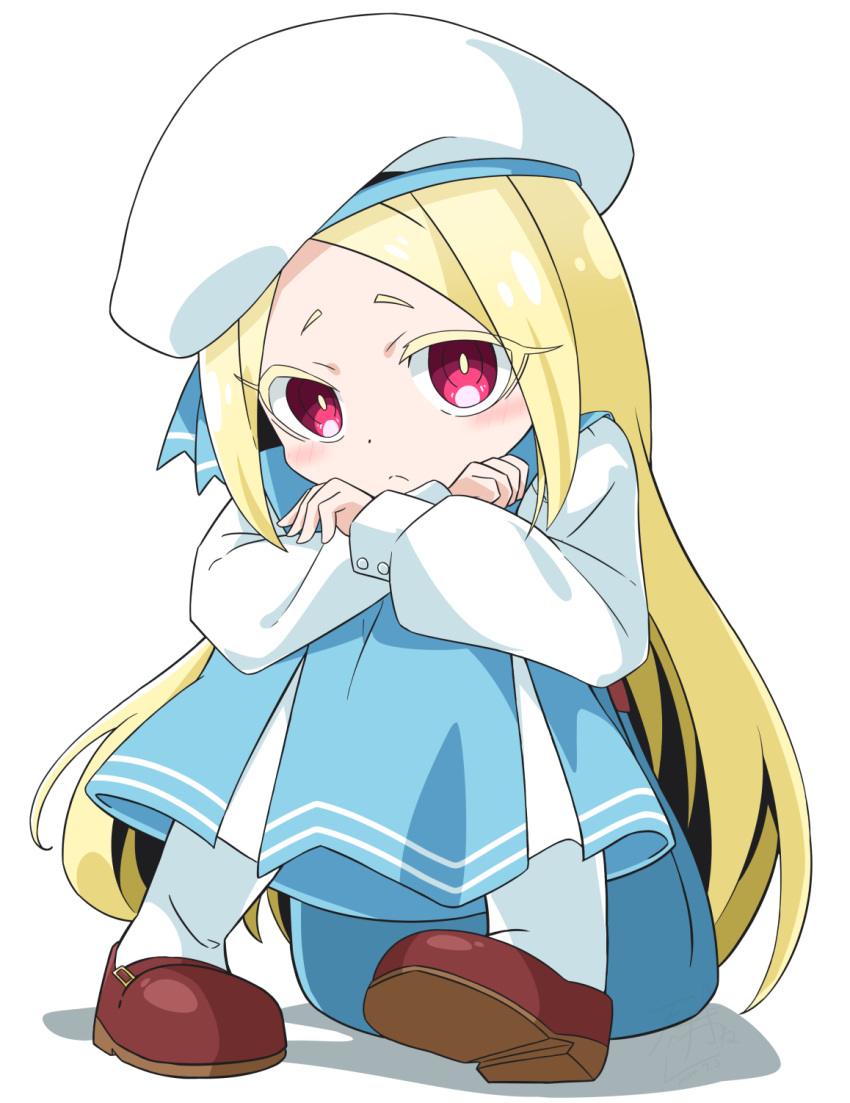 Safebooru - 1girl amatsuki kurone blonde hair blue dress brown footwear dress hat highres ...