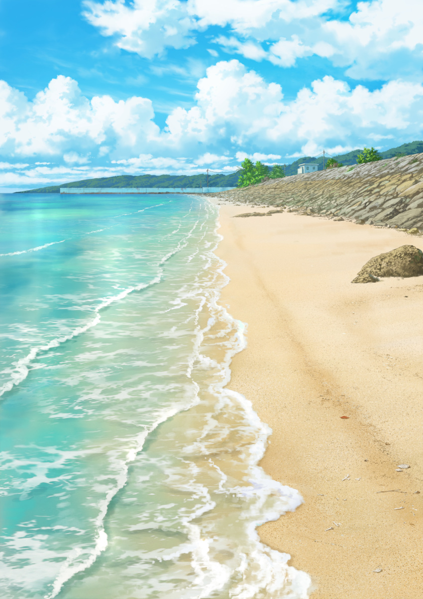 Safebooru - absurdres beach blue sky building clouds cloudy sky commentary request conch day ...