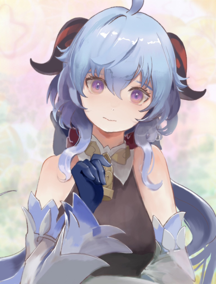 Safebooru - 1girl 3: ahoge bare shoulders bell blue gloves blue hair breasts closed mouth ganyu ...