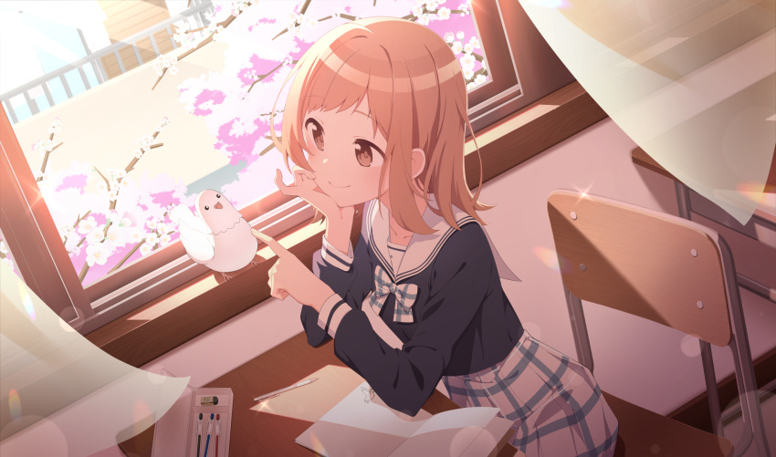 Safebooru - 1girl bird blush bow bowtie chair cherry blossoms classroom ...