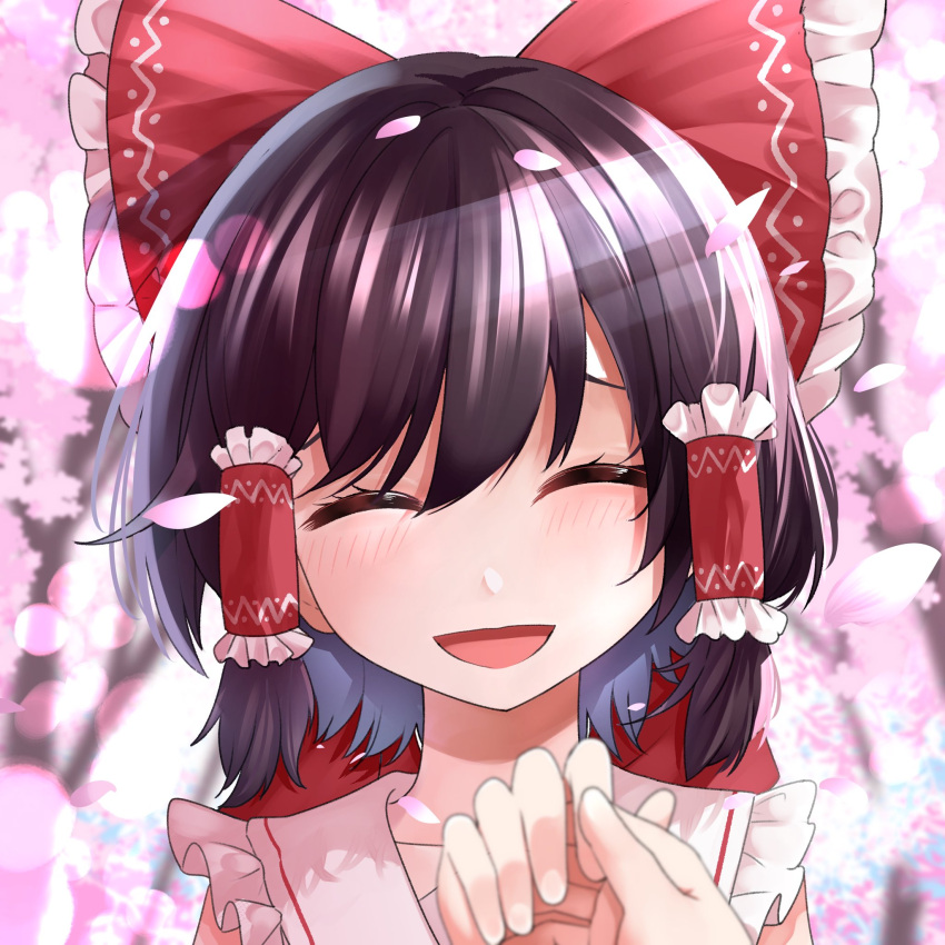 Safebooru - 1girl 1other blush bow brown hair cherry blossoms closed ...