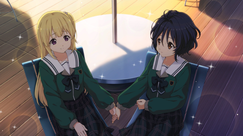 Safebooru - 22/7 22/7 ongaku no jikan 2girls black skirt blonde hair blue hair bow bowtie brown ...