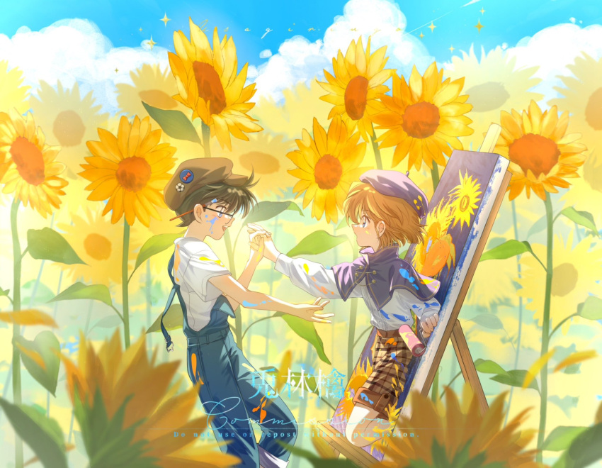 Safebooru - 1boy 1girl blonde hair blue eyes blue overalls brown hair ...