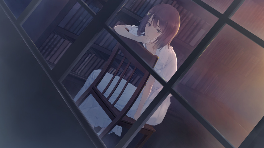 Safebooru - 1girl bookshelf brown eyes brown hair chair flowers (innocent grey) game cg hair ...