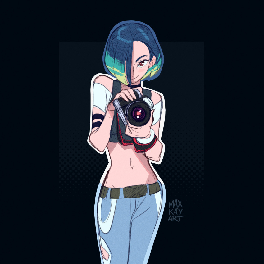 Safebooru - 1girl armband artist name bare shoulders black armband black background black choker ...