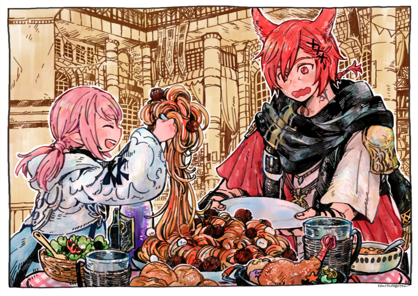 Safebooru - 1boy 1girl :d animal ears border braid cat ears chicken ...