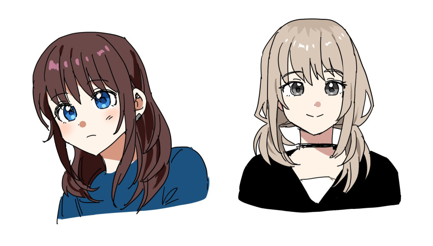 Safebooru - 2girls alternate hairstyle black choker black shirt blue shirt blush brown hair ...