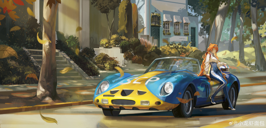 Safebooru - 1girl absurdres blue bodysuit bodysuit building bush car ...