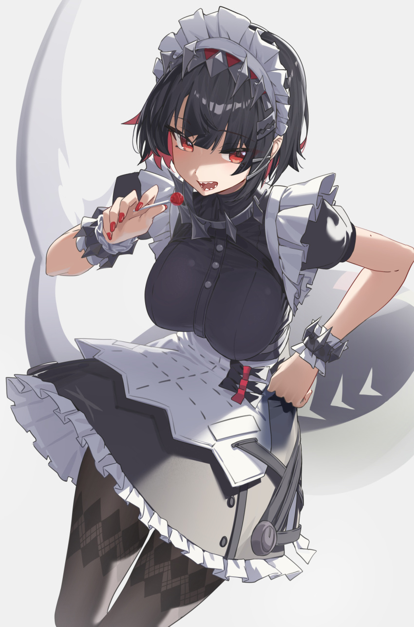 Safebooru - 1girl apron argyle clothes argyle legwear black hair black pantyhose breasts candy ...