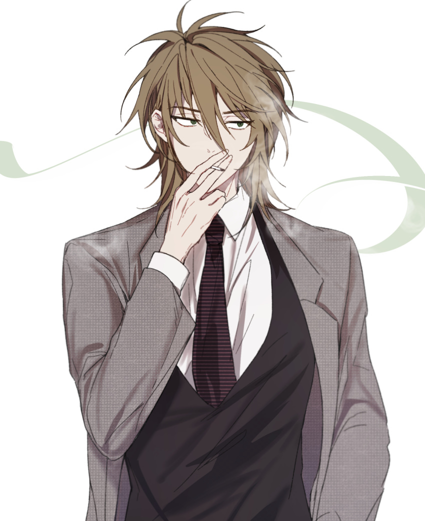 Safebooru - 1boy aji (sagi 45) alternate costume black necktie black vest brown hair cigarette ...