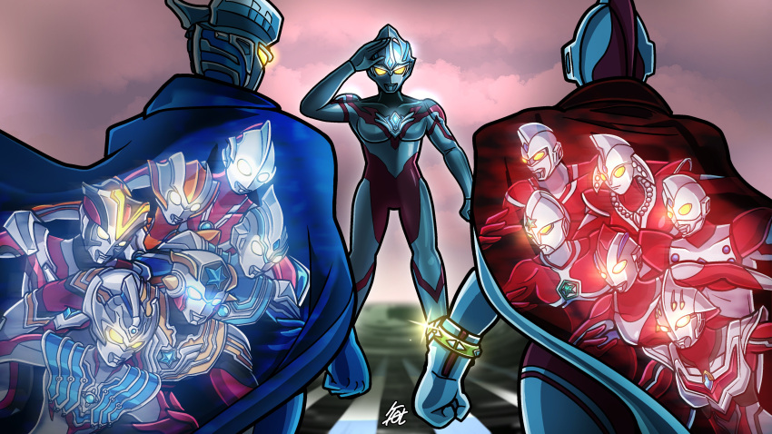 Safebooru - 3boys absurdres alien cape color timer glowing glowing eyes ...