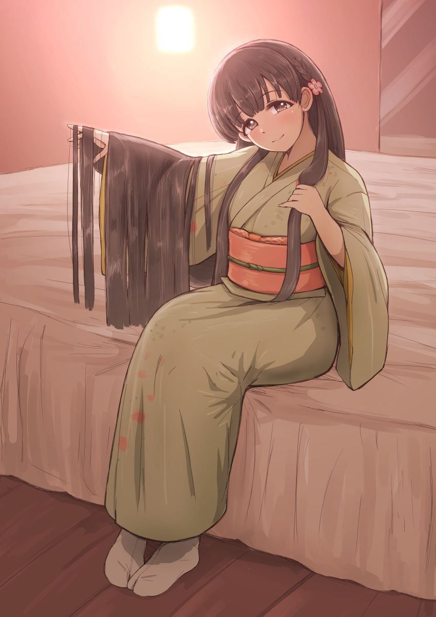 Safebooru - 1girl absurdres bed sheet black hair blush commentary request commission floral ...