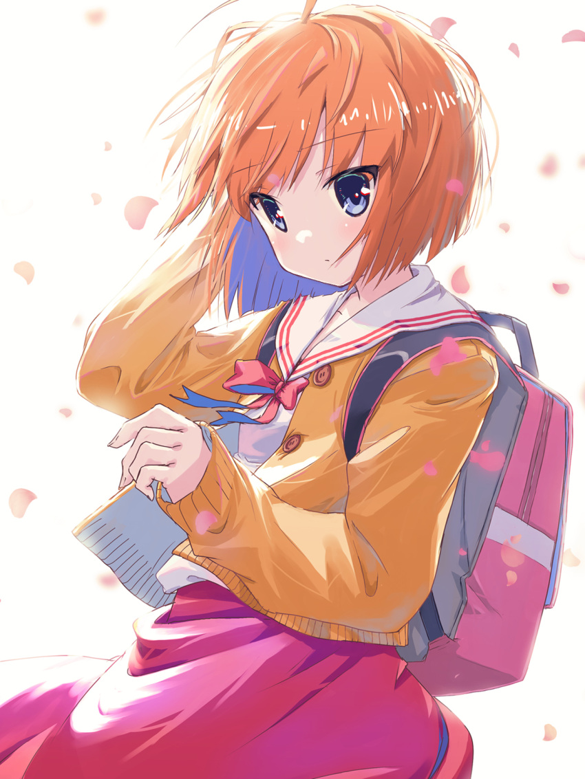 Safebooru - 1girl akayama yukihe backpack bag blue eyes blush brown hair cherry blossoms highres ...