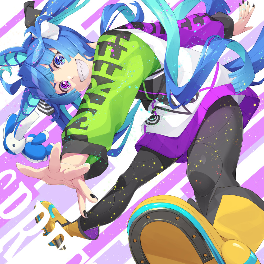 Safebooru - 1girl @ @ absurdres ahoge animal ears aqua hair arm behind back black leggings black ...