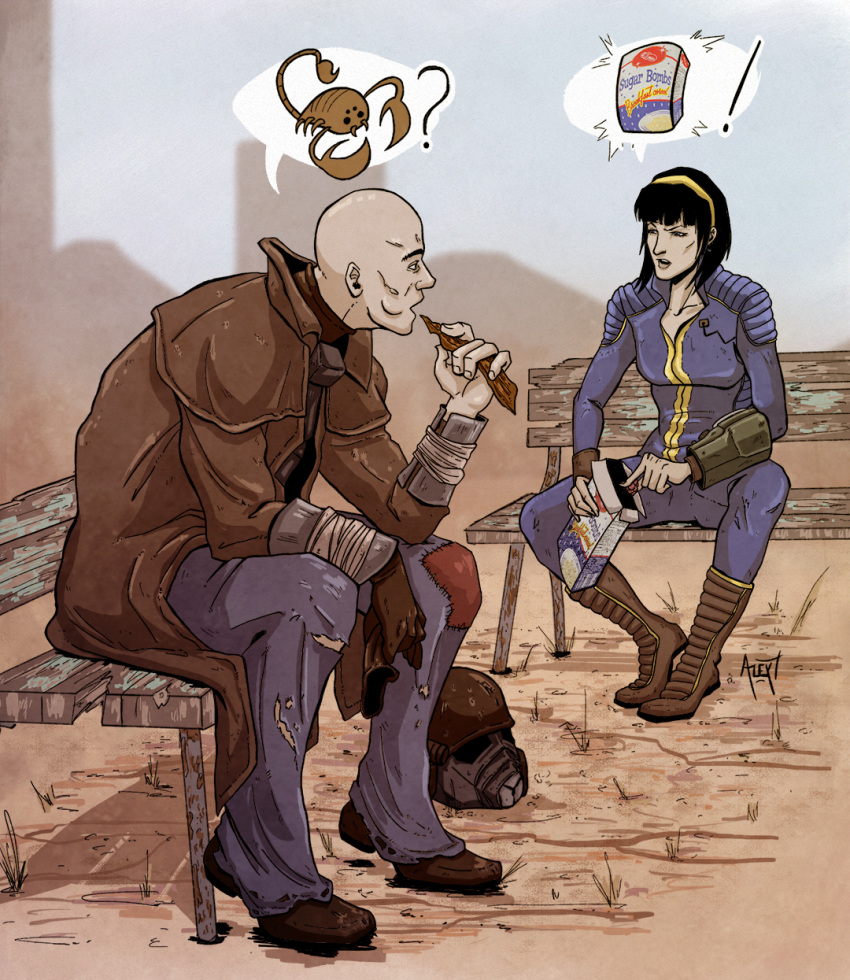 Safebooru - ! 1boy 1girl ? bald bench black hair blue bodysuit bodysuit ...