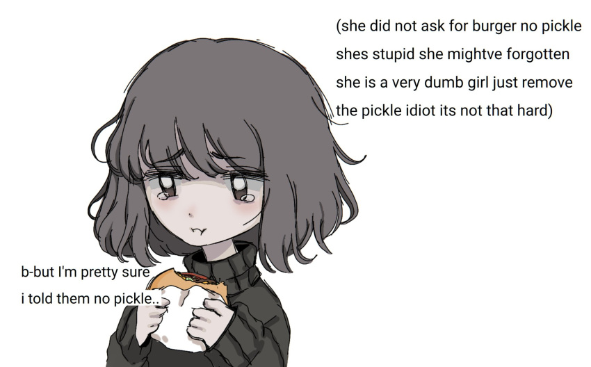 Safebooru - 1girl black sweater brown eyes brown hair crying english text female hamburger ...