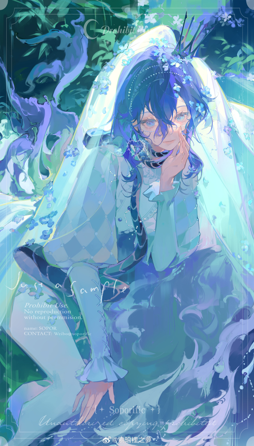Safebooru - 1girl absurdres artist name blue dress blue eyes blue flower blue hair blue petals ...