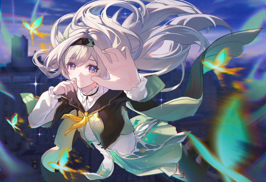 Safebooru - 1girl absurdres black hairband breasts bug butterfly cityscape collared shirt ...