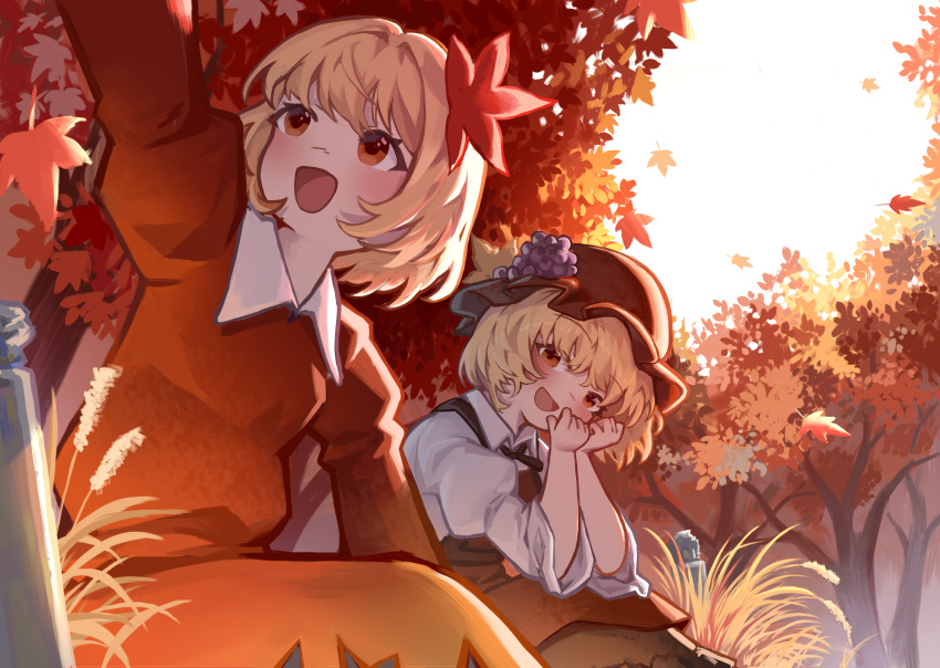 Safebooru - 2girls absurdres aki minoriko aki shizuha autumn autumn leaves blonde hair brown ...