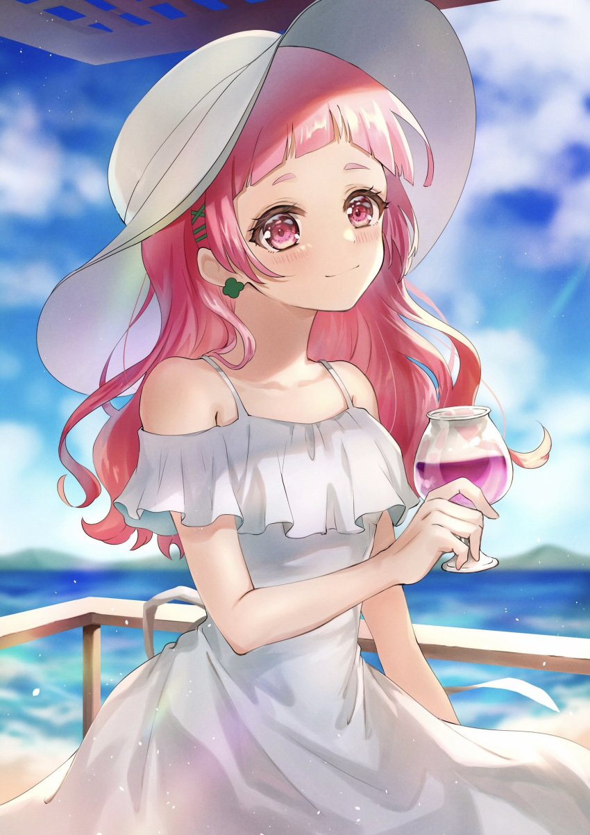 Safebooru - 1girl alternate costume beach blue sky blush clouds clover earrings cup dress hat ...