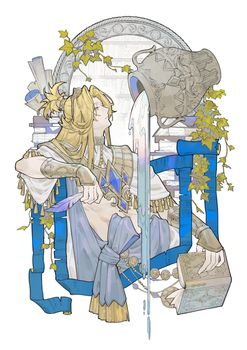 Safebooru - 1boy absurdres androgynous arch arm rest blonde hair blue ...