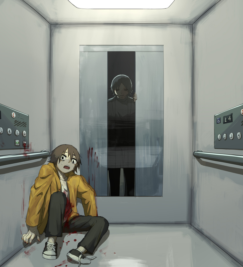 Safebooru - 2boys absurdres avogado6 black eyes black pants blood blood ...