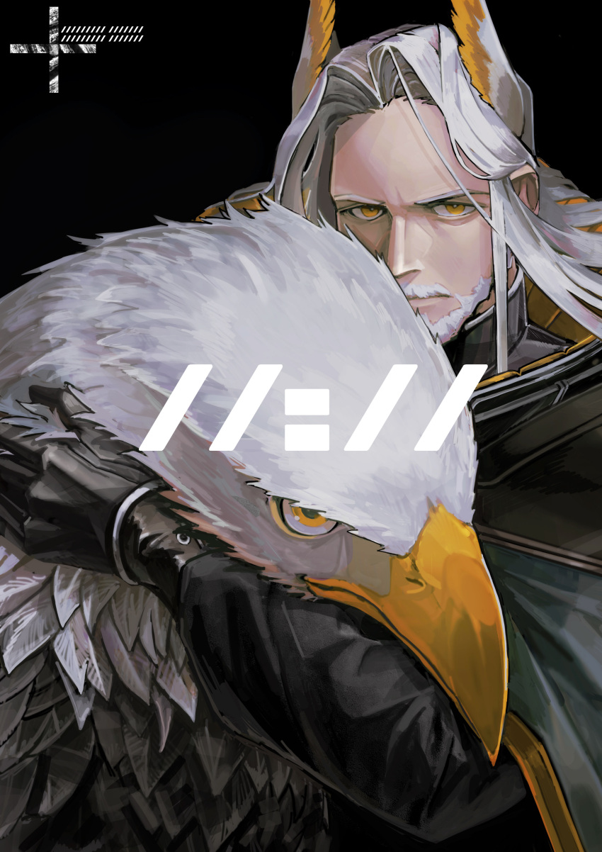Safebooru - 1boy absurdres animal animal hug arknights beard bird black background black bird ...