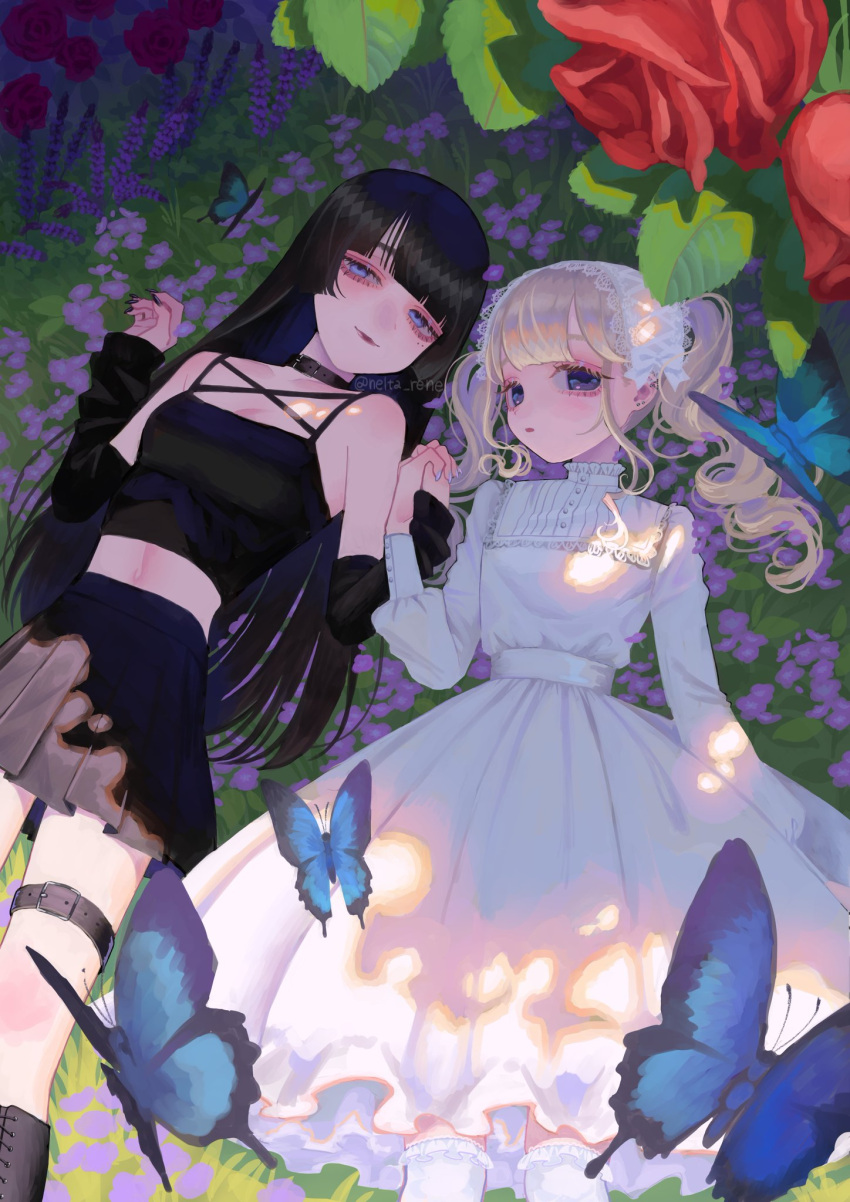 Safebooru - 2girls black hair black skirt blonde hair blue eyes butterfly choker dress duo ...