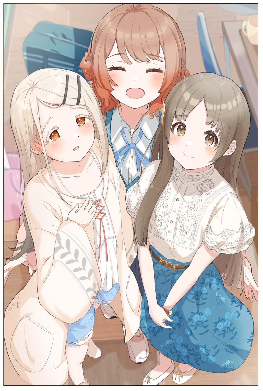 Safebooru - 3girls ^ ^ absurdres aqua skirt blue ribbon blush brown hair closed eyes collarbone ...