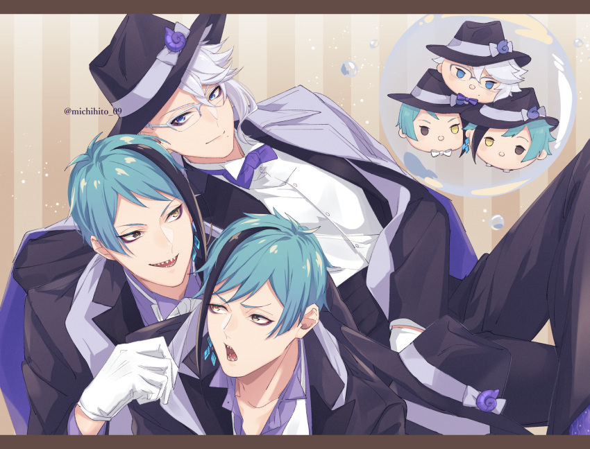 Safebooru - 3boys azul ashengrotto black suit blue eyes blue hair brothers brown background ...