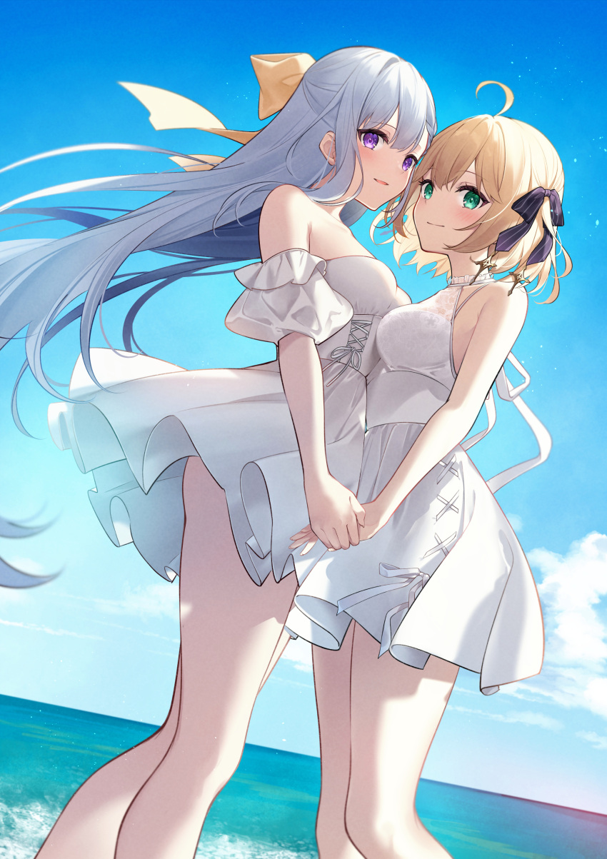 Safebooru - 2girls absurdres ahoge anisphia wynn palettia blonde hair blue sky clouds dress ...