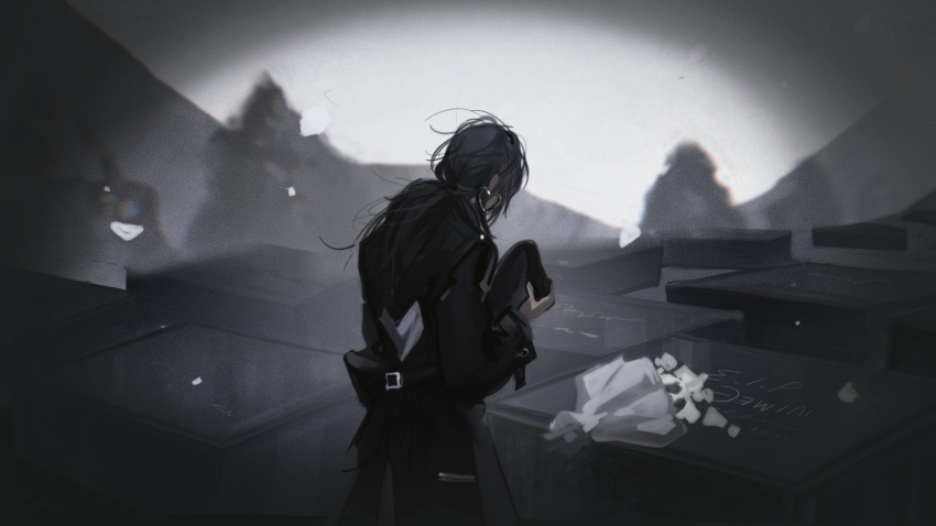 Safebooru - 1girl black coat black hair black hat bouquet bowing ...