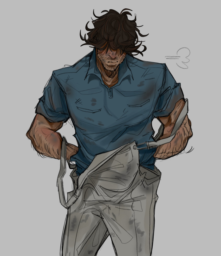 Safebooru - 1boy arm hair beard blue shirt brown hair charles holt collared shirt dirty dirty ...