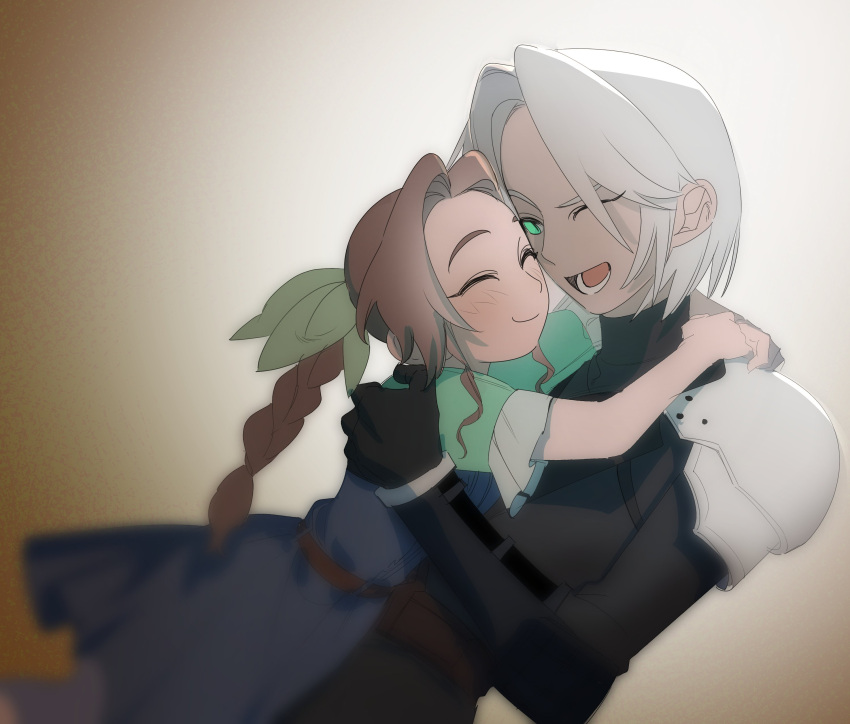 Safebooru - 1boy 1girl absurdres aerith gainsborough aged down arm armor armor arms around neck ...