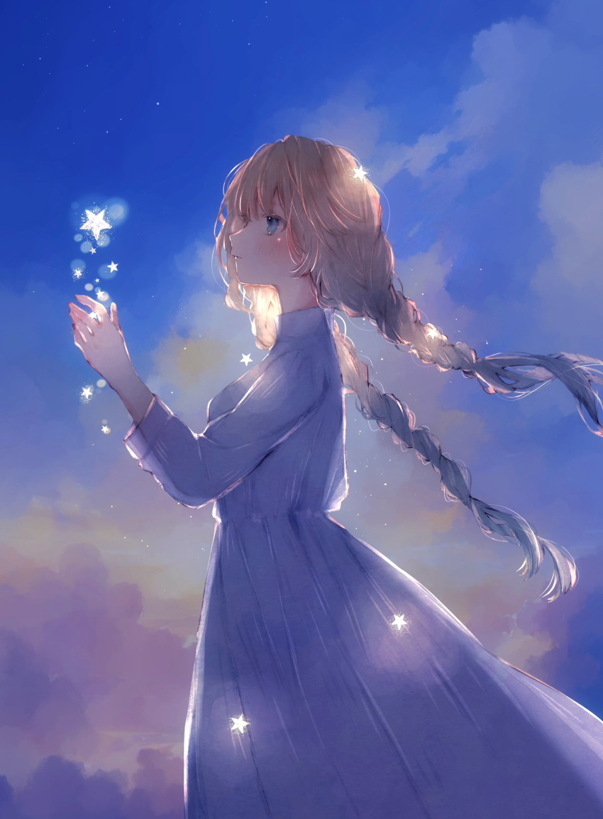 Safebooru - 1girl anna (k0130) blonde hair blue dress blue hair braid clouds cloudy sky dress ...