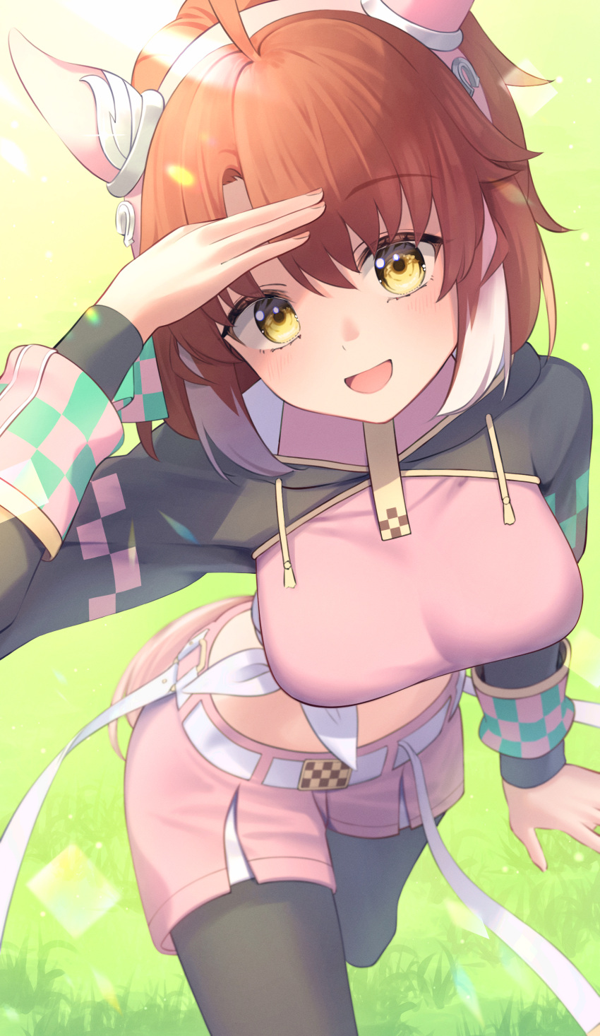 Safebooru - 1girl :d absurdres ahoge animal ears belt black pantyhose breasts brown hair dantsu ...