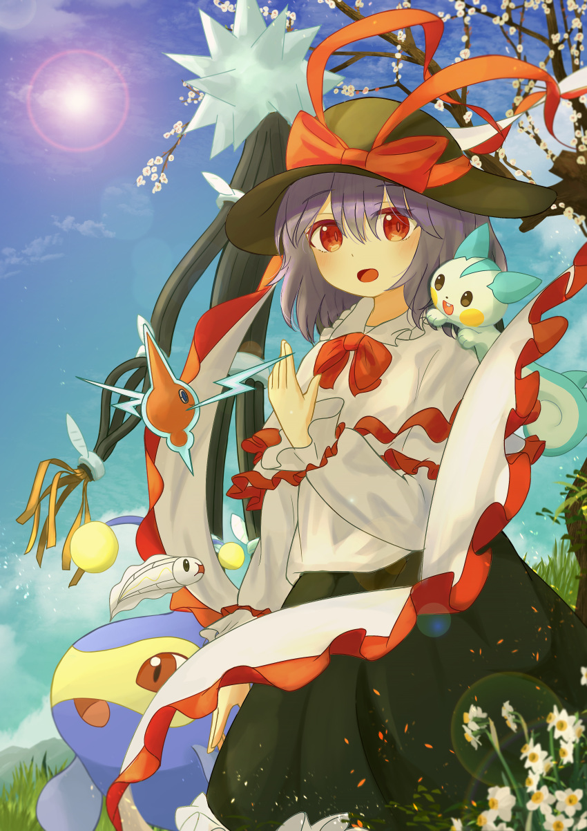 Safebooru - 1girl absurdres black hair black skirt blue sky bow capelet commentary request ...