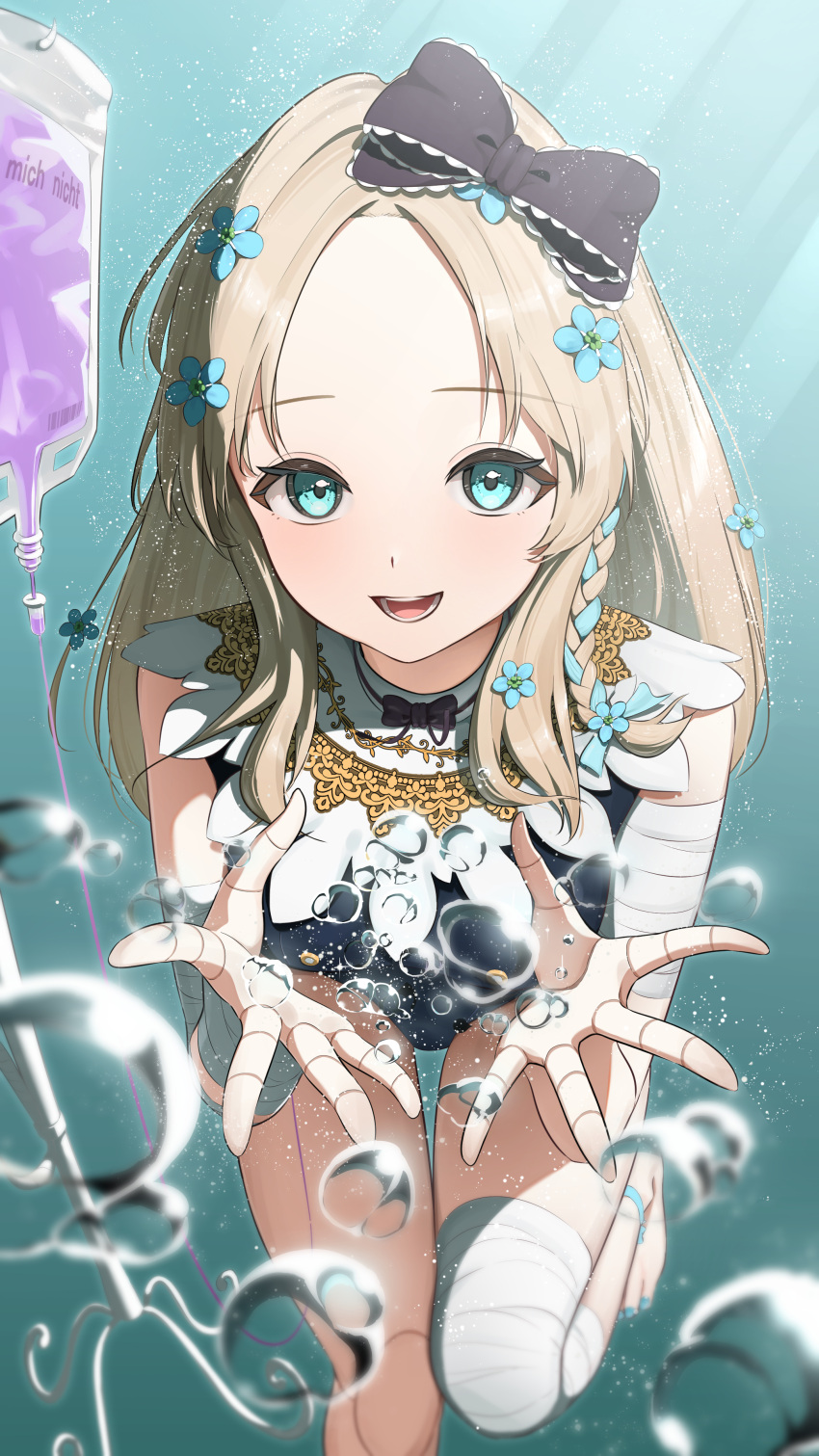 Safebooru - 1girl :d absurdres bananafish1111 bandaged arm bandaged leg bandages barefoot blonde ...